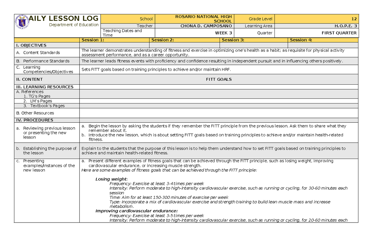 WEEK 3 - shs 12 PE DLL - DAILY LESSON LOG Department of Education School ROSARIO NATIONAL HIGH ...