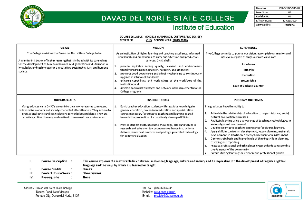 Updated Syllabus in English 113 - Professional and Social Issues - Studocu