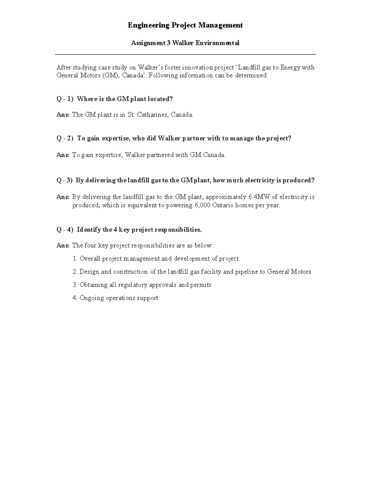 EPM Assingment 3 - Assignment 3 solution - Engineering Project Management Assignment 3 Walker ...