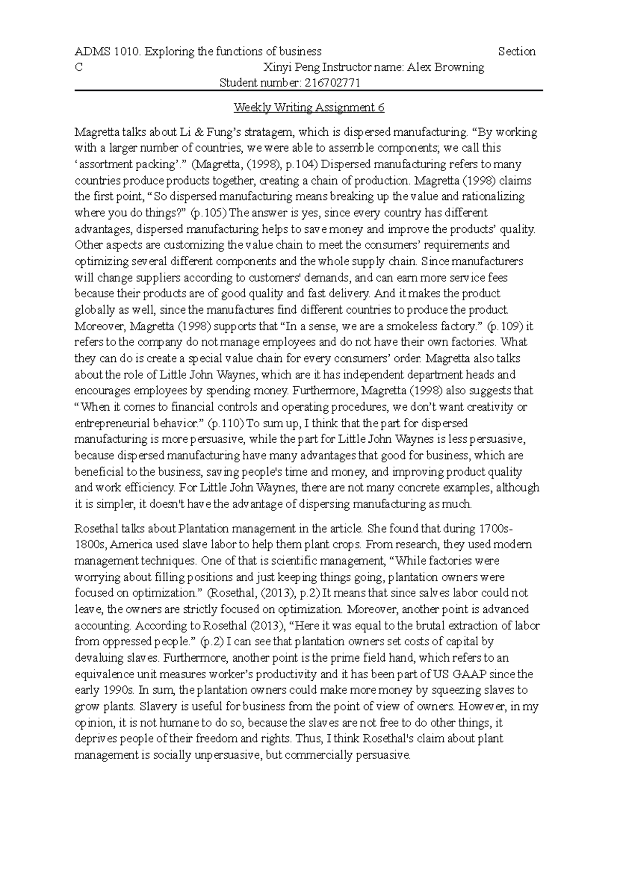 Weekly Writing Assignment 6 - ADMS 1010. Exploring the functions of business Section C Xinyi ...