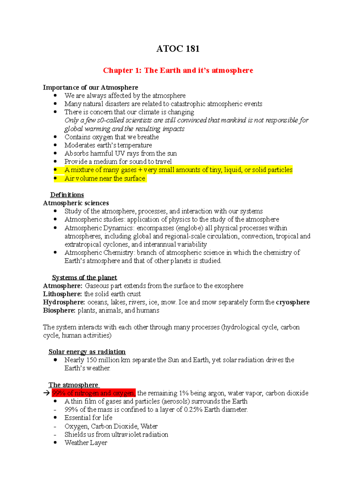 Chapter 1 - ATOC 181 Chapter 1: The Earth and it’s atmosphere ...