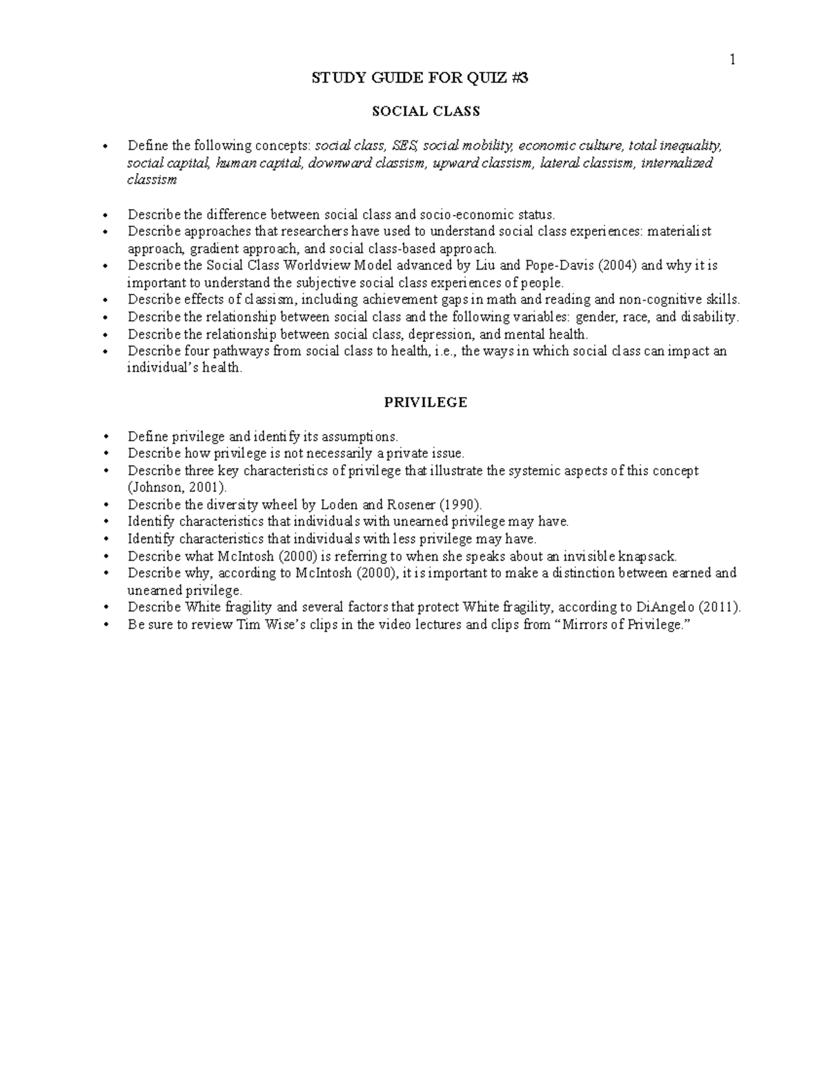 Study Guide Mod#3 (SUM23) - 1 STUDY GUIDE FOR QUIZ SOCIAL CLASS ...