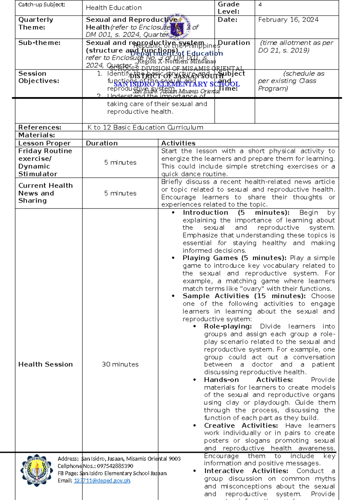Grade 4-Health Feb - assignment - Address: San Isidro, Jasaan, Misamis Oriental 9003 Cellphone ...