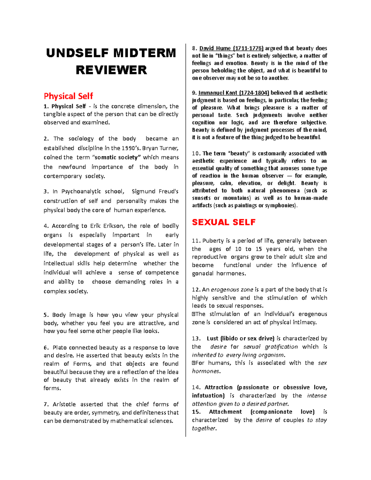 Undself Midterm Reviewer 2023 - UNDSELF MIDTERM REVIEWER Physical Self 1. Physical Self - is the ...