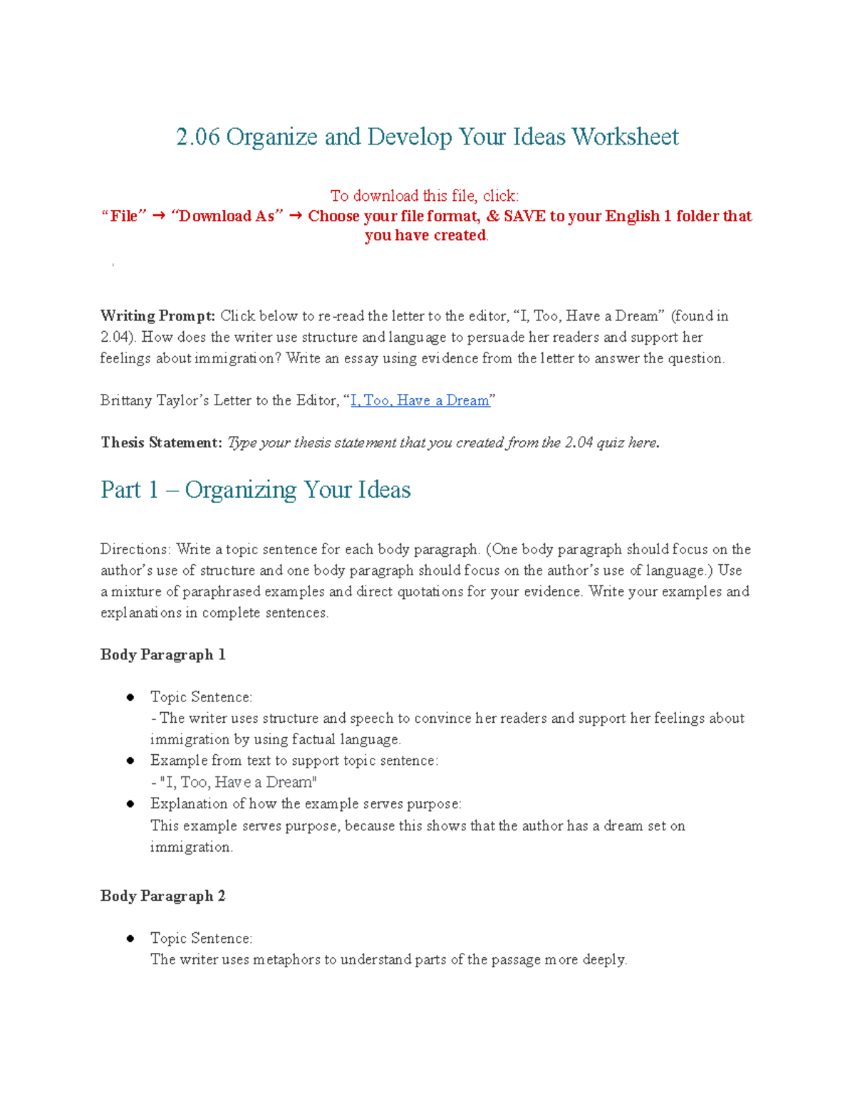 2.06 Organize and Develop Your Ideas Worksheet - Writing Prompt: Click below to re-read the ...