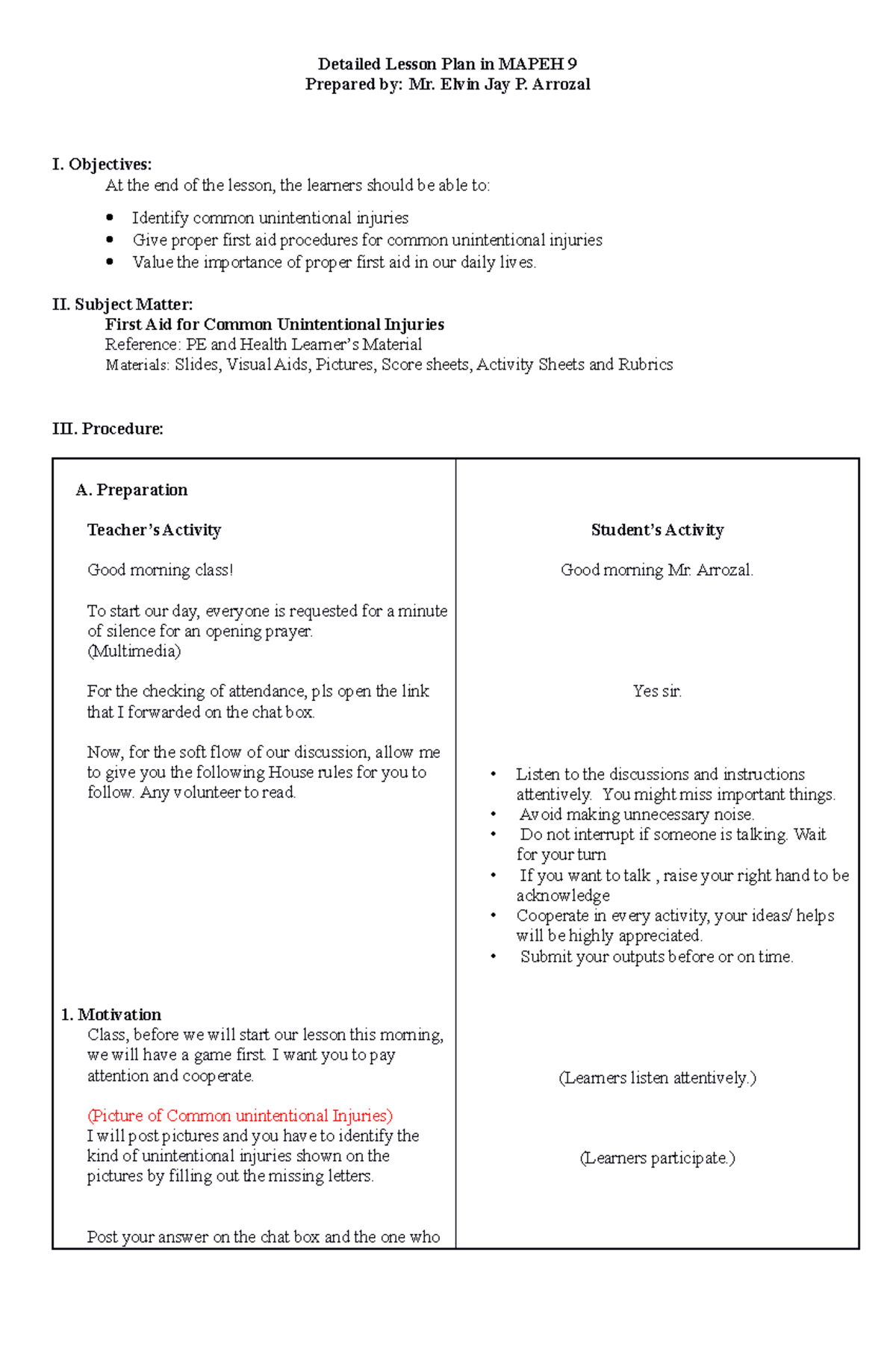 Detailed Lesson Plan for Mapeh 9 - Detailed Lesson Plan in MAPEH 9 ...