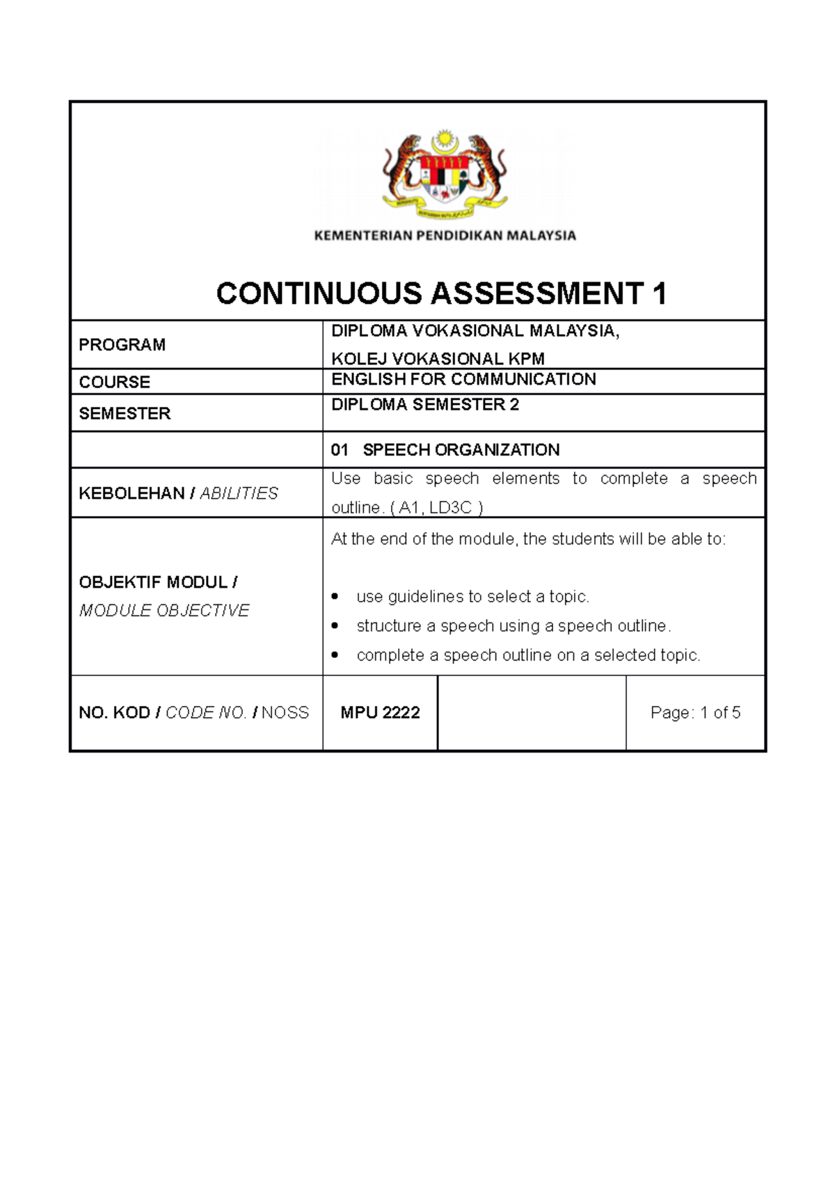 Continuous Assessment 1 (2022) - PROGRAM DIPLOMA VOKASIONAL MALAYSIA ...