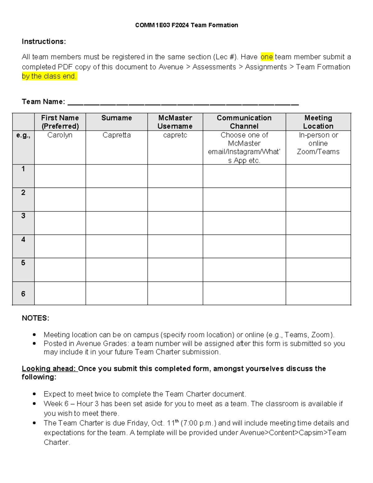 Capsim Team Formation Template F2024 - COMM 1E03 F2024 Team Formation ...