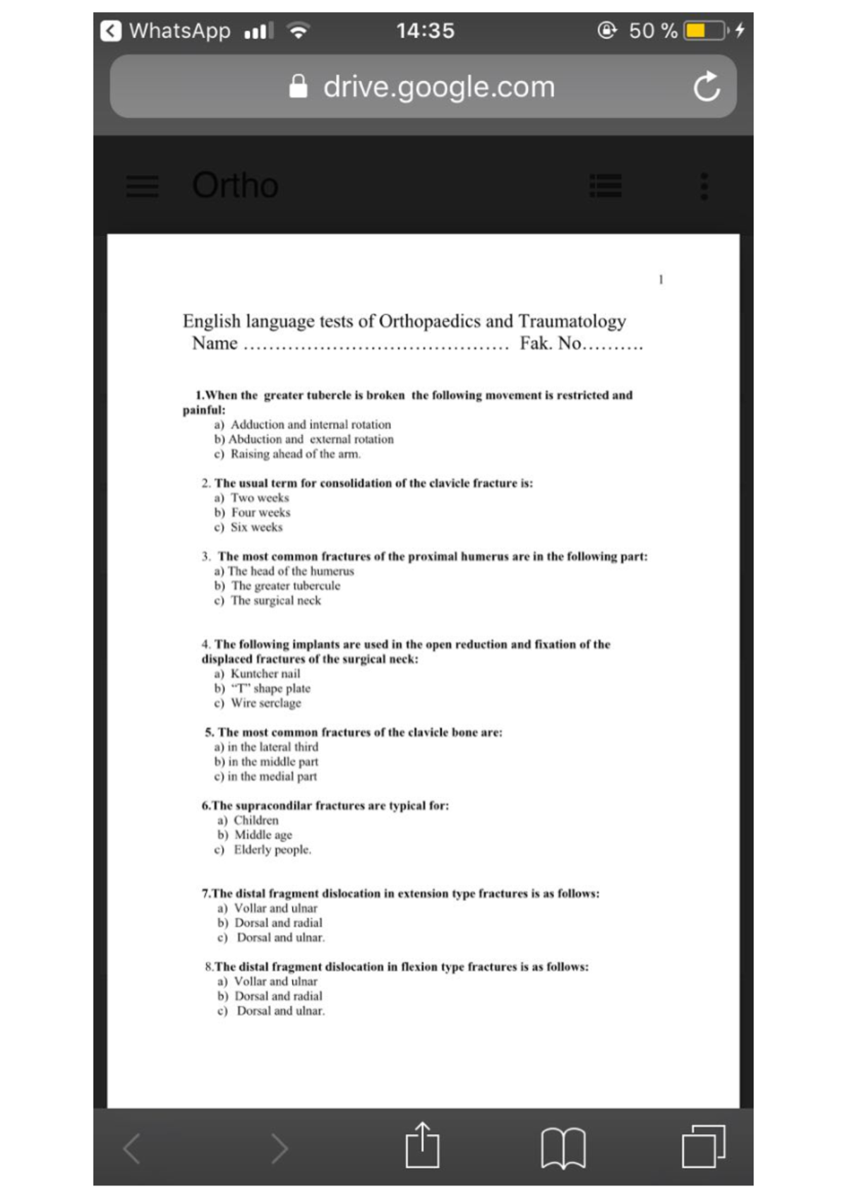 Ortho tests 2017 - Orthopaedics and Traumatology - Studocu
