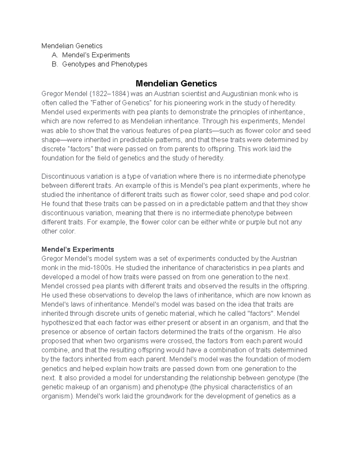 Mendelian Genetics - Mendel’s Experiments B. Genotypes and Phenotypes ...