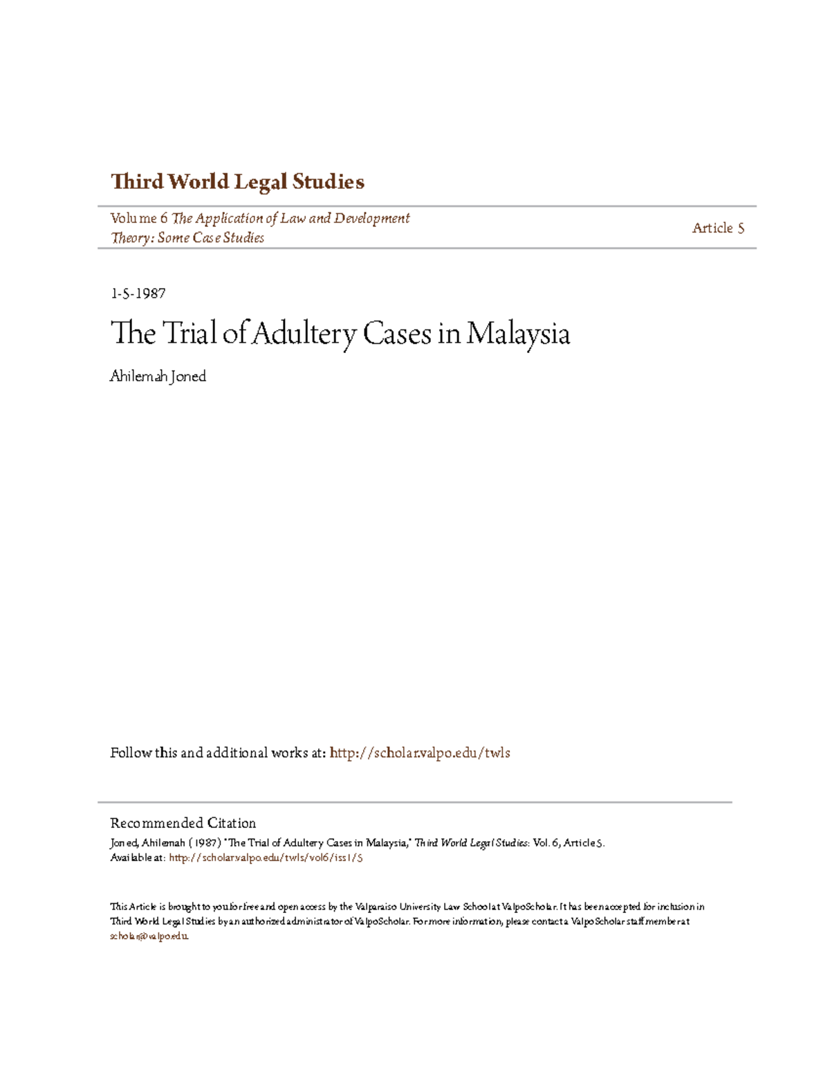 The Trial of Adultery Cases in Malaysia - Third World Legal Studies ...