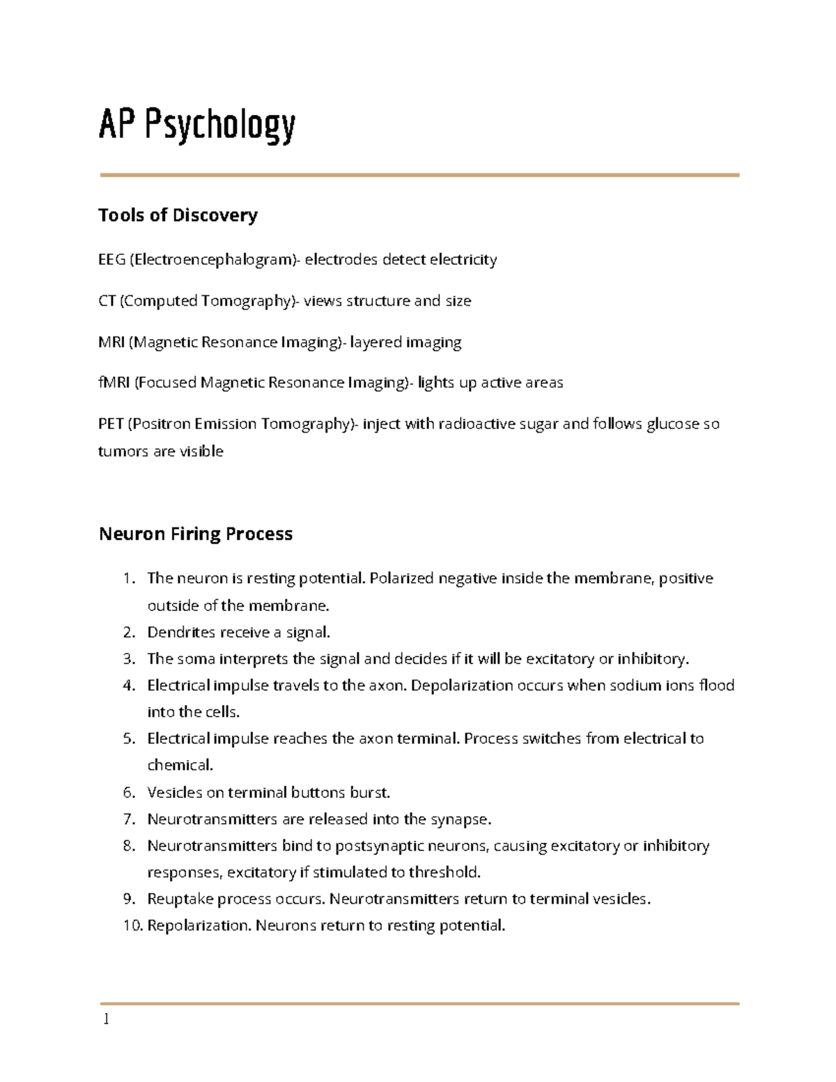 Imaging Technologies and Neuron Firing Process - AP Psychology Tools of ...