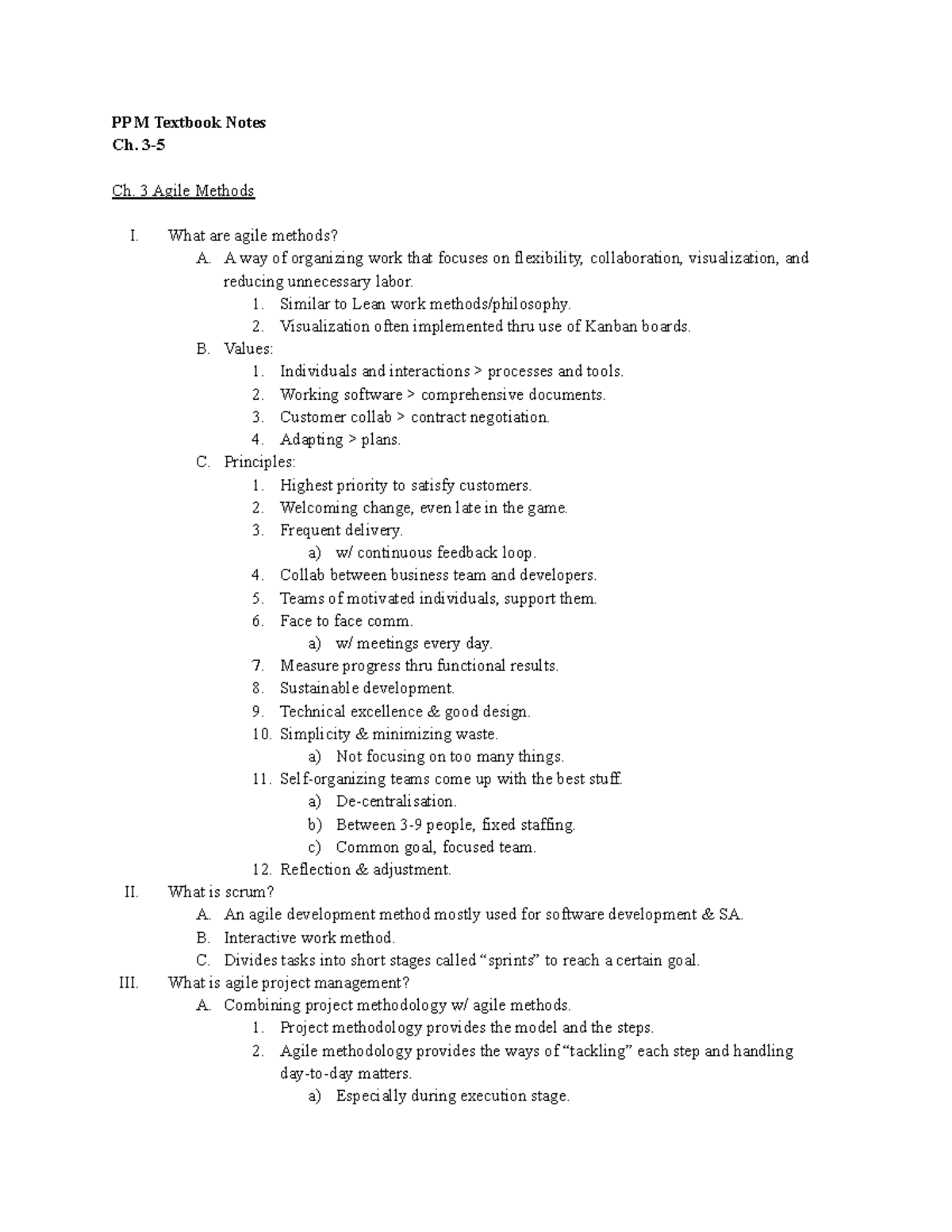 PPM Textbook Notes Ch. 3-5 - PPM Textbook Notes Ch. 3- Ch. 3 Agile ...