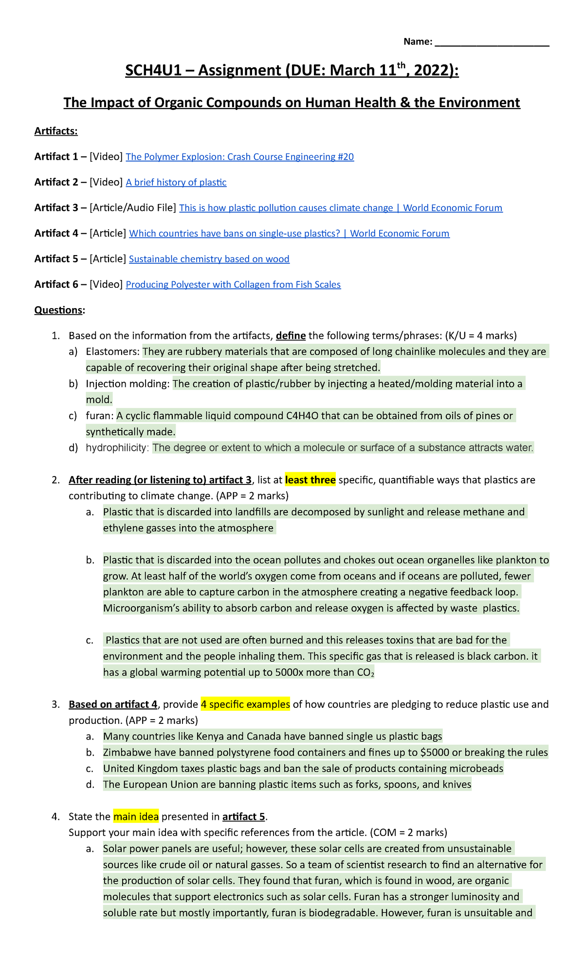 Joint Organic Chemistry STSE Assignment - Name: ______________________ SCH4U1 – Assignment (DUE ...