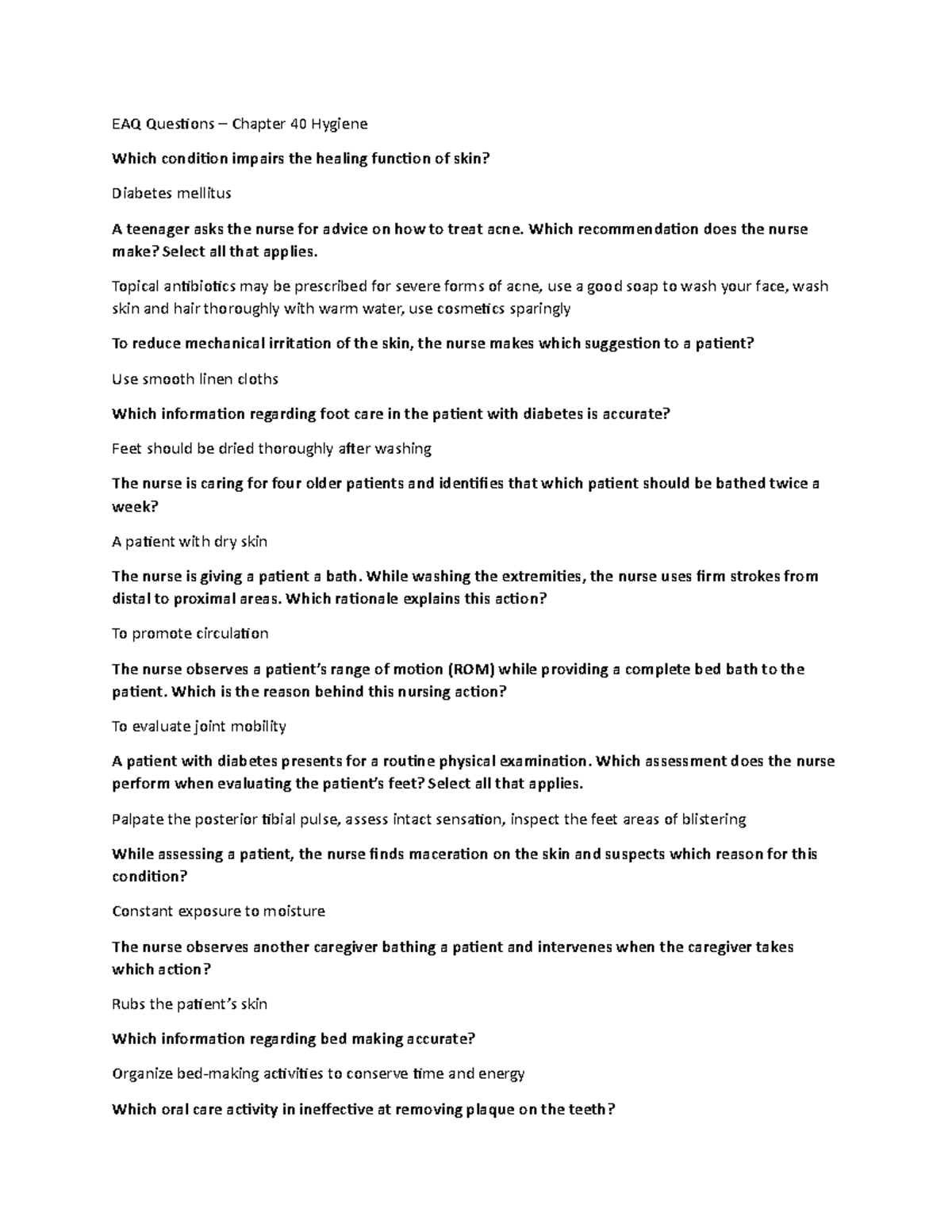 EAQ Questions Hygiene - EAQ Questions – Chapter 40 Hygiene Which ...