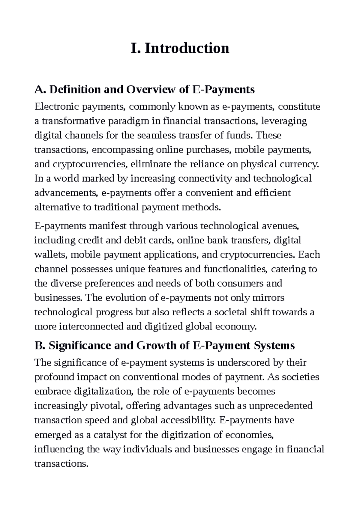 E-payment - tnx - I. Introduction A. Definition and Overview of E ...