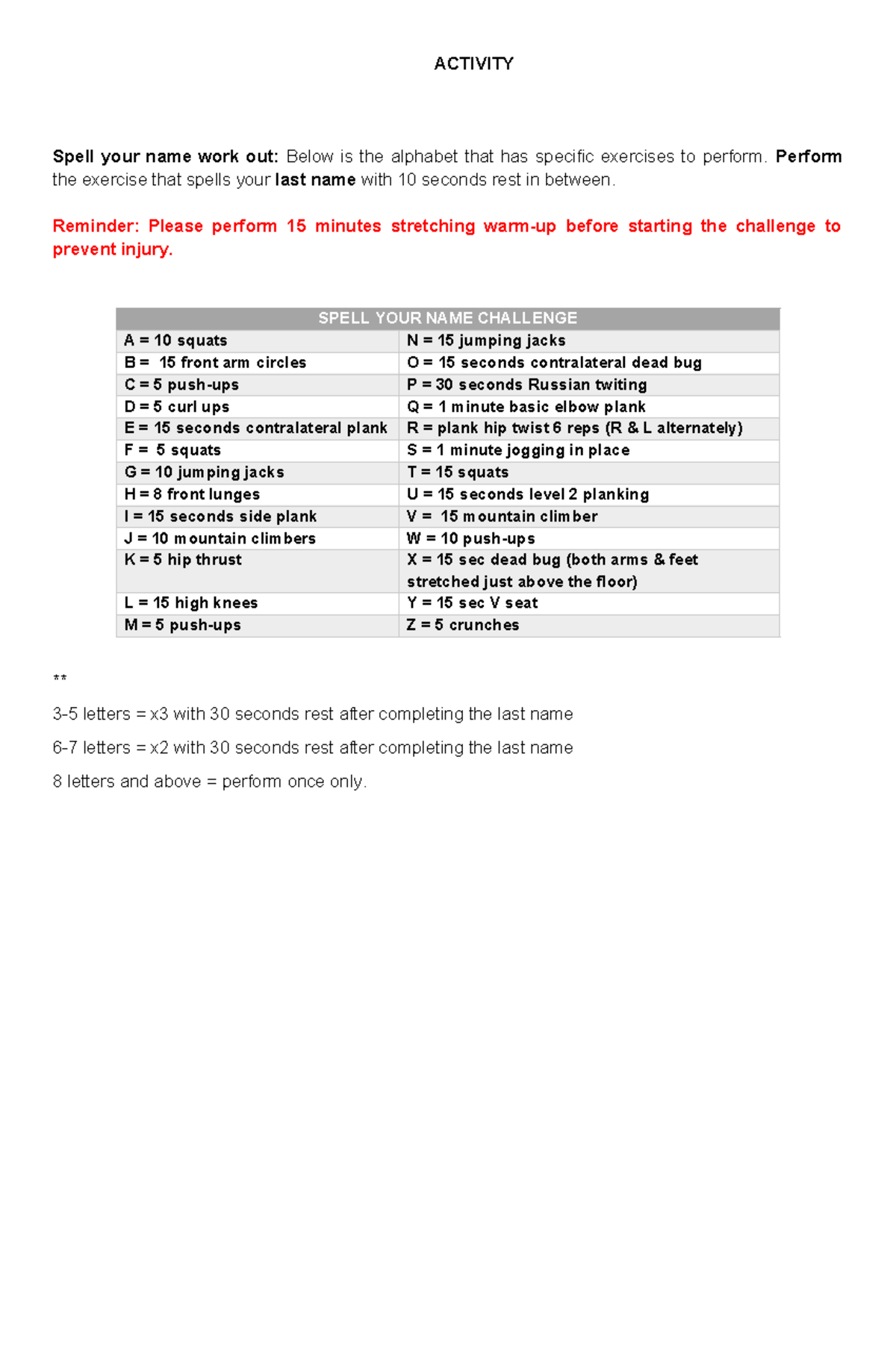 Spell YOUR NAME Activity 23-2 - ACTIVITY Spell your name work out ...
