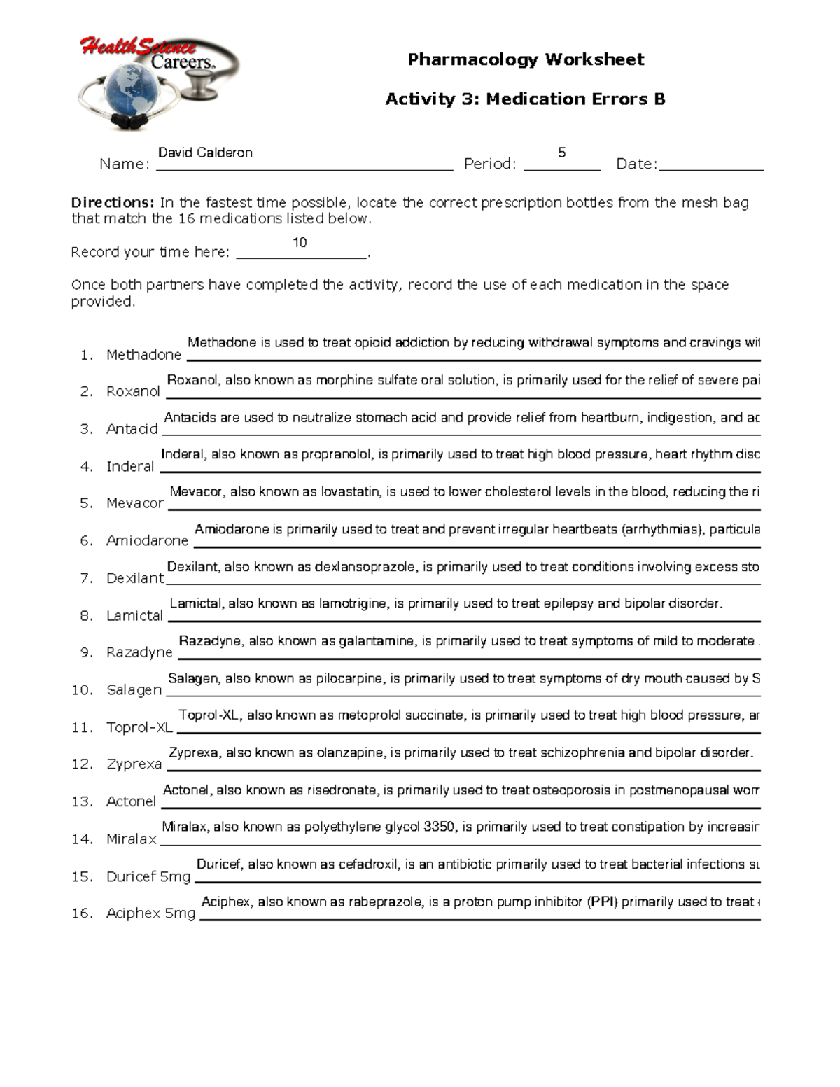 Pharmacology Worksheet Activity 3B (1) - Pharmacology Worksheet ...