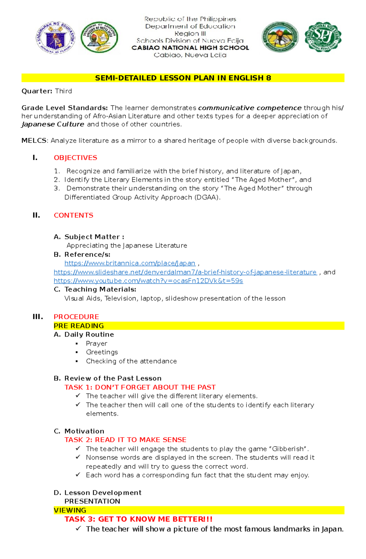 Japanese-Literature - Well - SEMI-DETAILED LESSON PLAN IN ENGLISH 8 ...