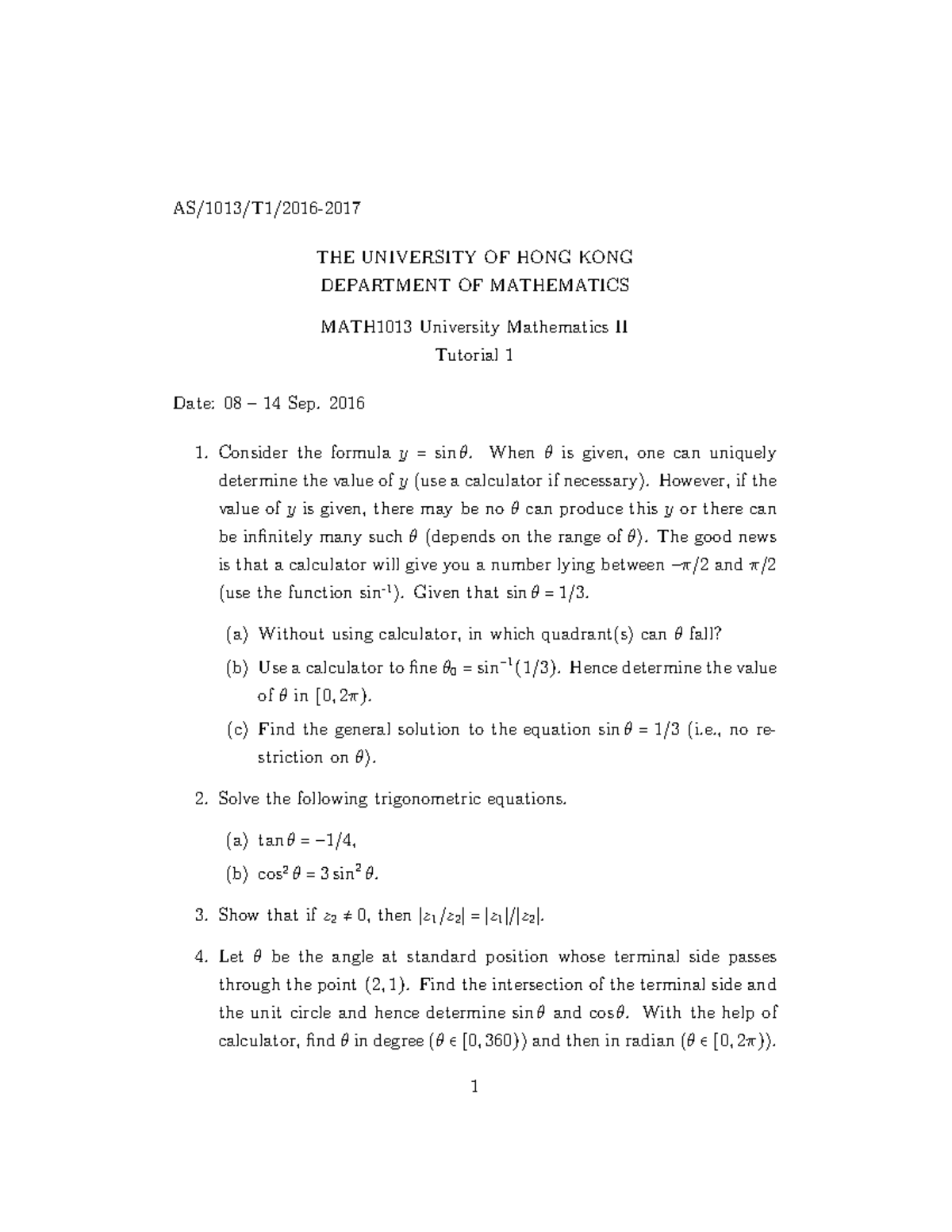 MATH1013 T1 - tutorial 1 - AS/1013/T1/2016- THE UNIVERSITY OF HONG KONG DEPARTMENT OF ...