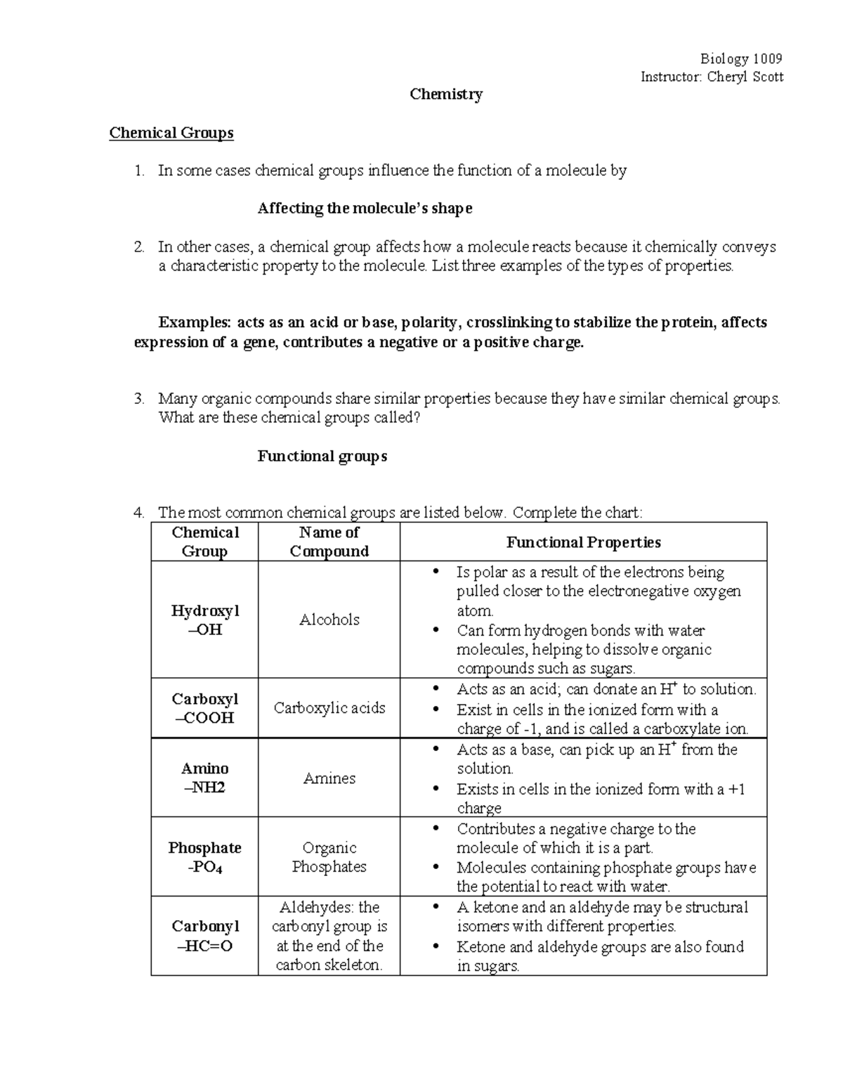 Biological Molecules and Chemical Groups key - Biology 1009 Instructor ...