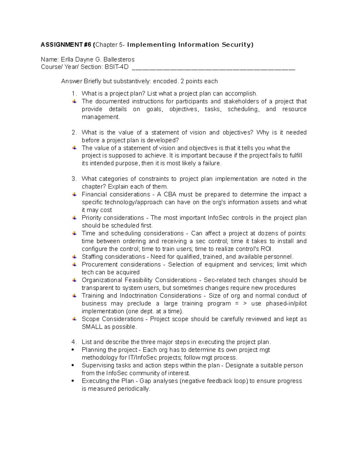 Assignment 6 - ASSIGNMENT #6 ( Chapter 5- Implementing Information ...