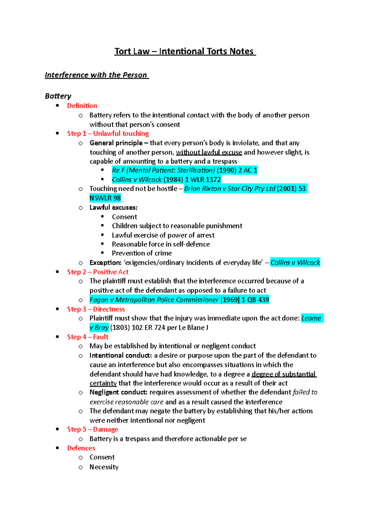 Tort Law - Intentional Notes - Tort Law – Intentional Torts Notes ...