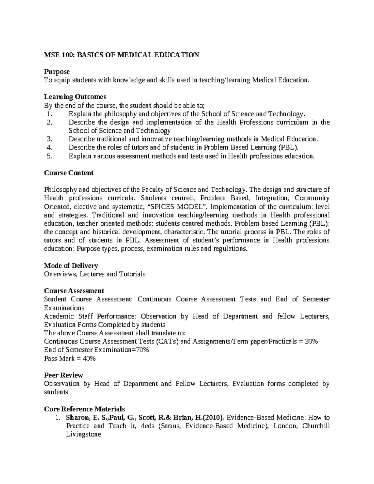 MSE 100 Basics OF Medical Education - MSE 100: BASICS OF MEDICAL ...