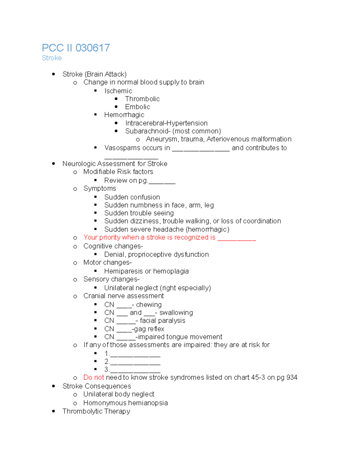 PCC II 030617- Stroke - Lecture Notes - PCC II 030617 Stroke Stroke ...