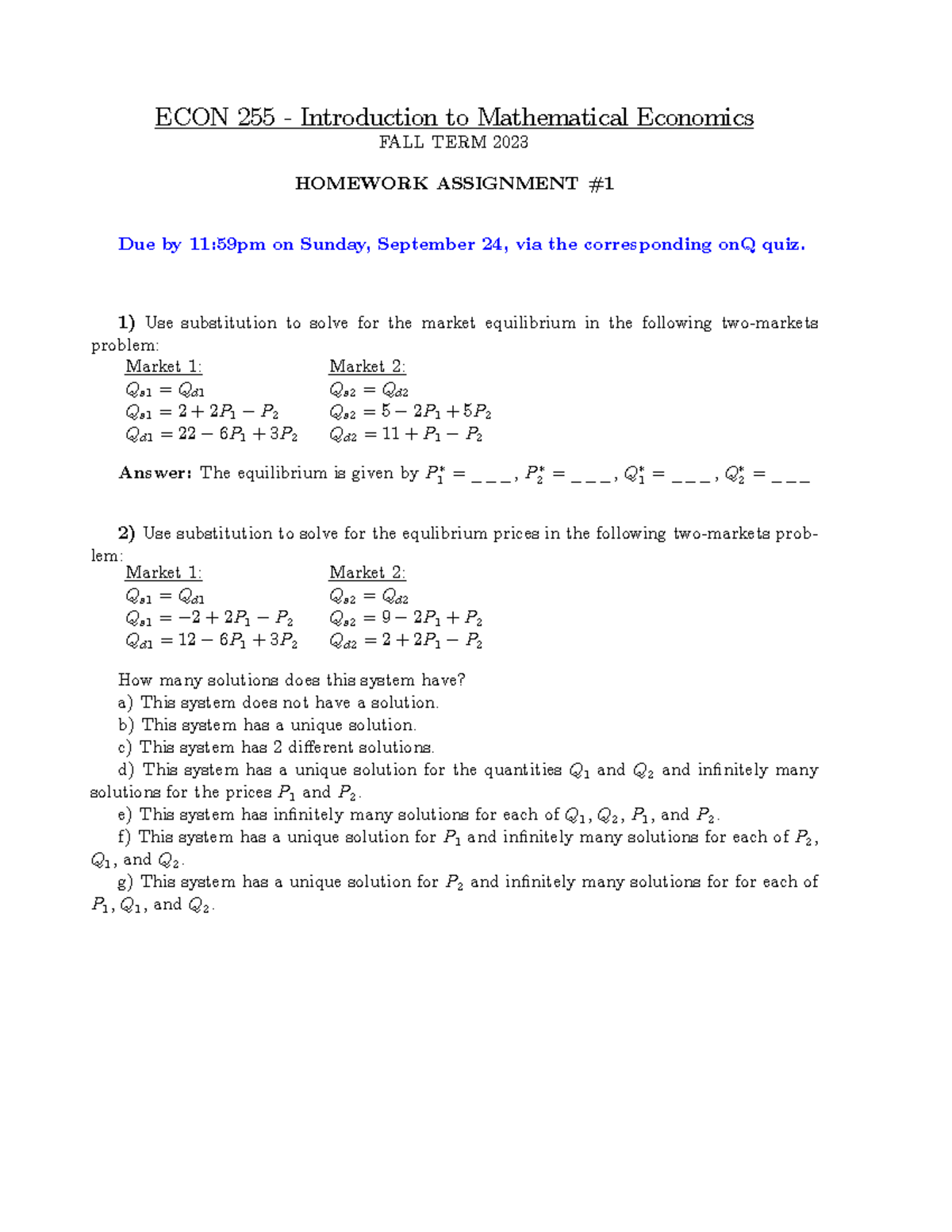 Assignment 1 - econ 255 - ECON 255 - Introduction to Mathematical ...