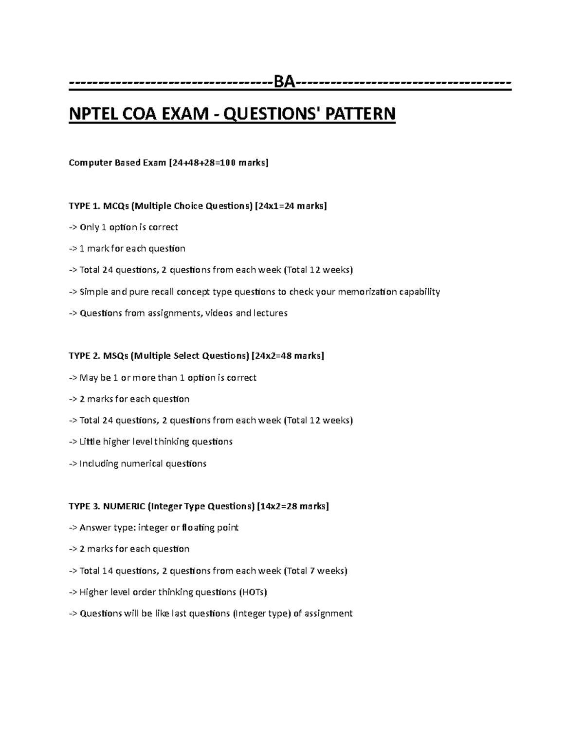 BA COA EXAM Pattern -BA- NPTEL COA EXAM - QUESTIONS' PATTERN Computer ...