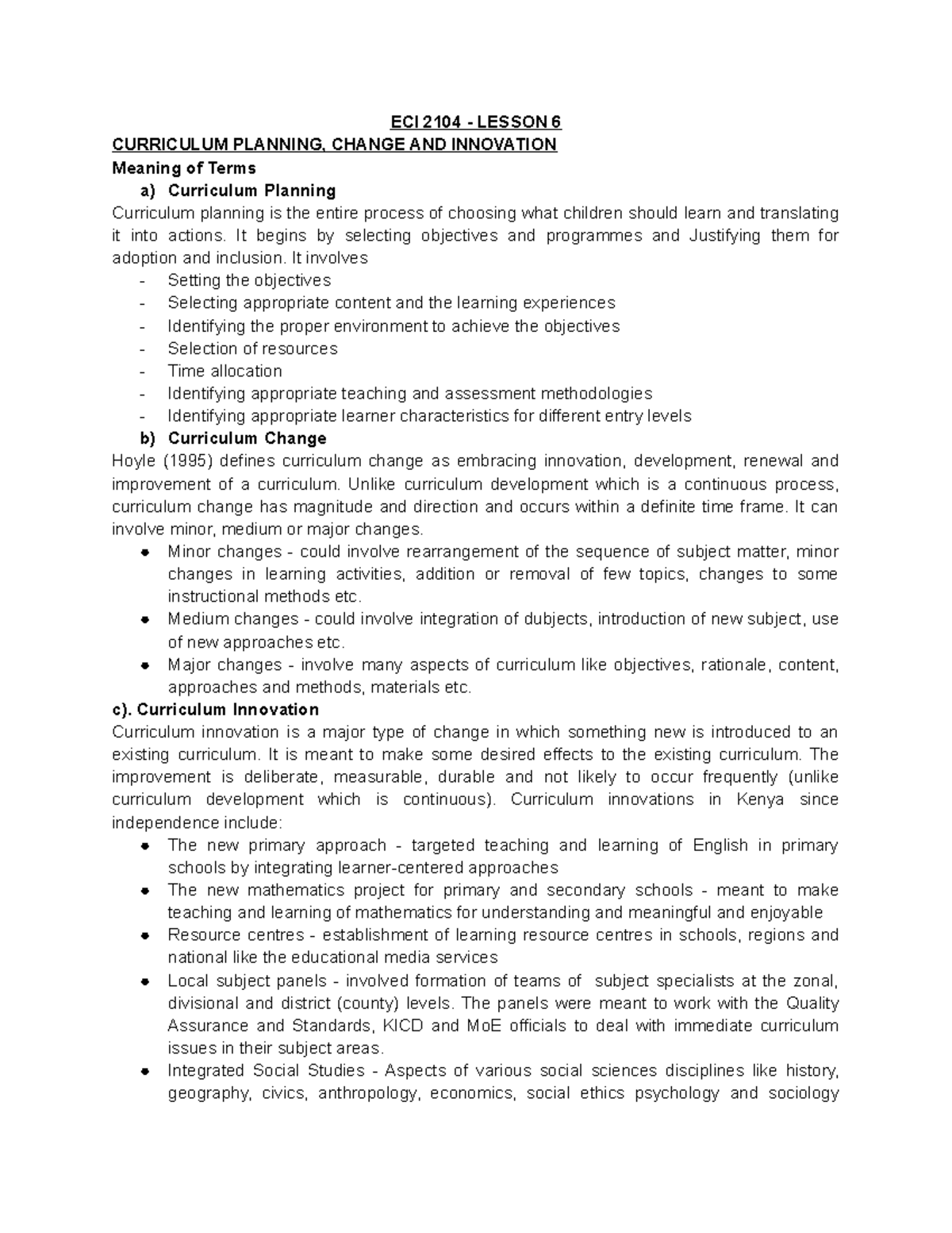 ECI 2104 - Lesson 6 - ECI 2104 - LESSON 6 CURRICULUM PLANNING, CHANGE ...
