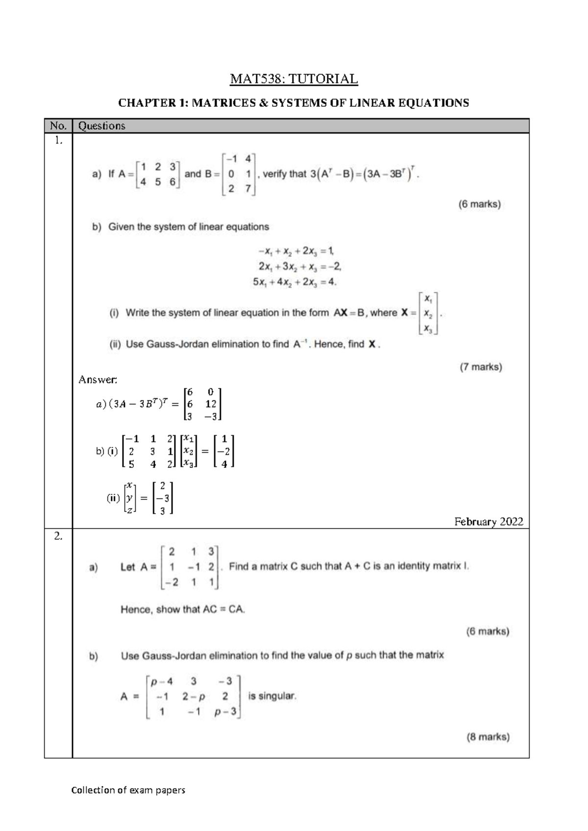MAT538 Tutorial 1 (Chapter 1) - MAT538: TUTORIAL CHAPTER 1: MATRICES & SYSTEMS OF LINEAR - Studocu