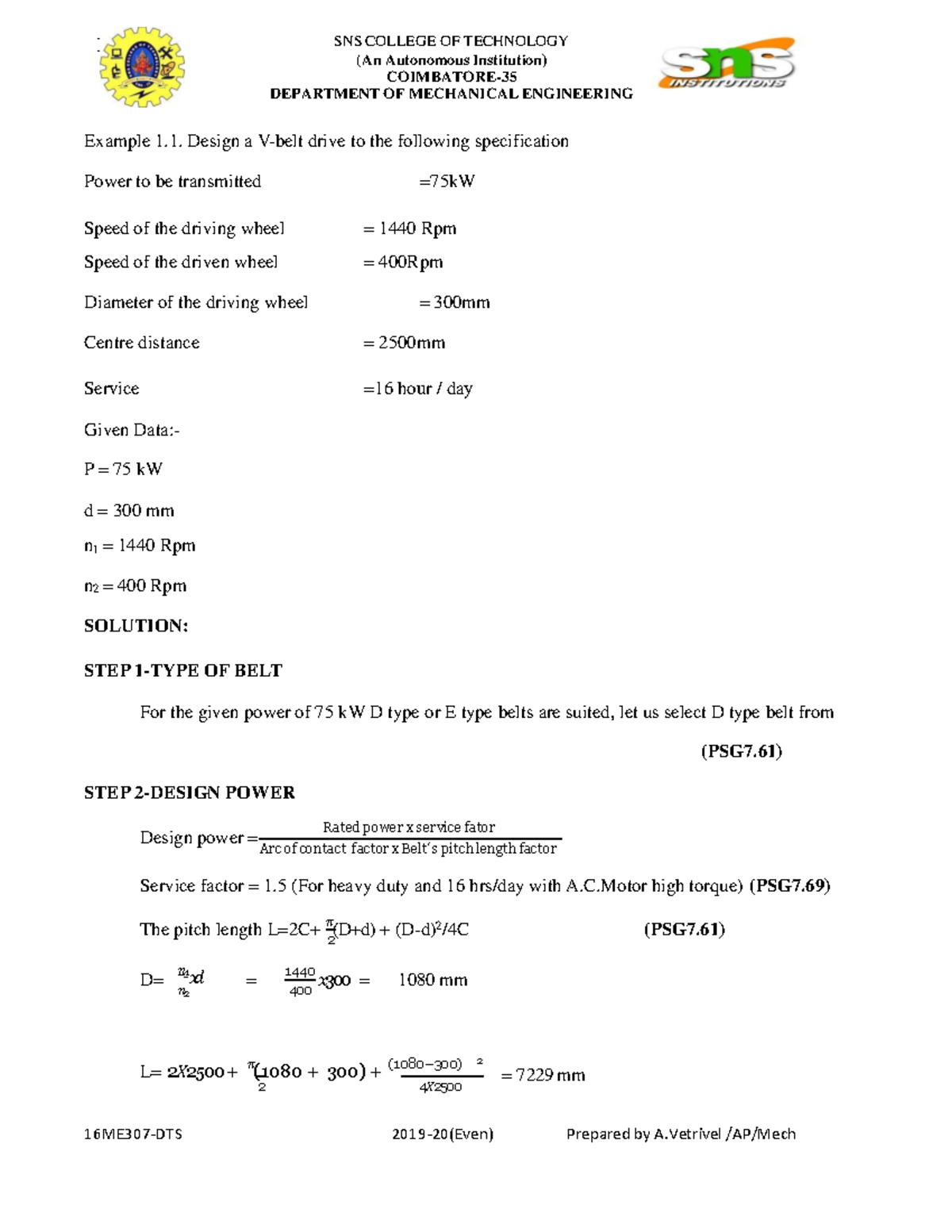 Design of V belt - Theory of machine - DEPARTMENT OF MECHANICAL ...