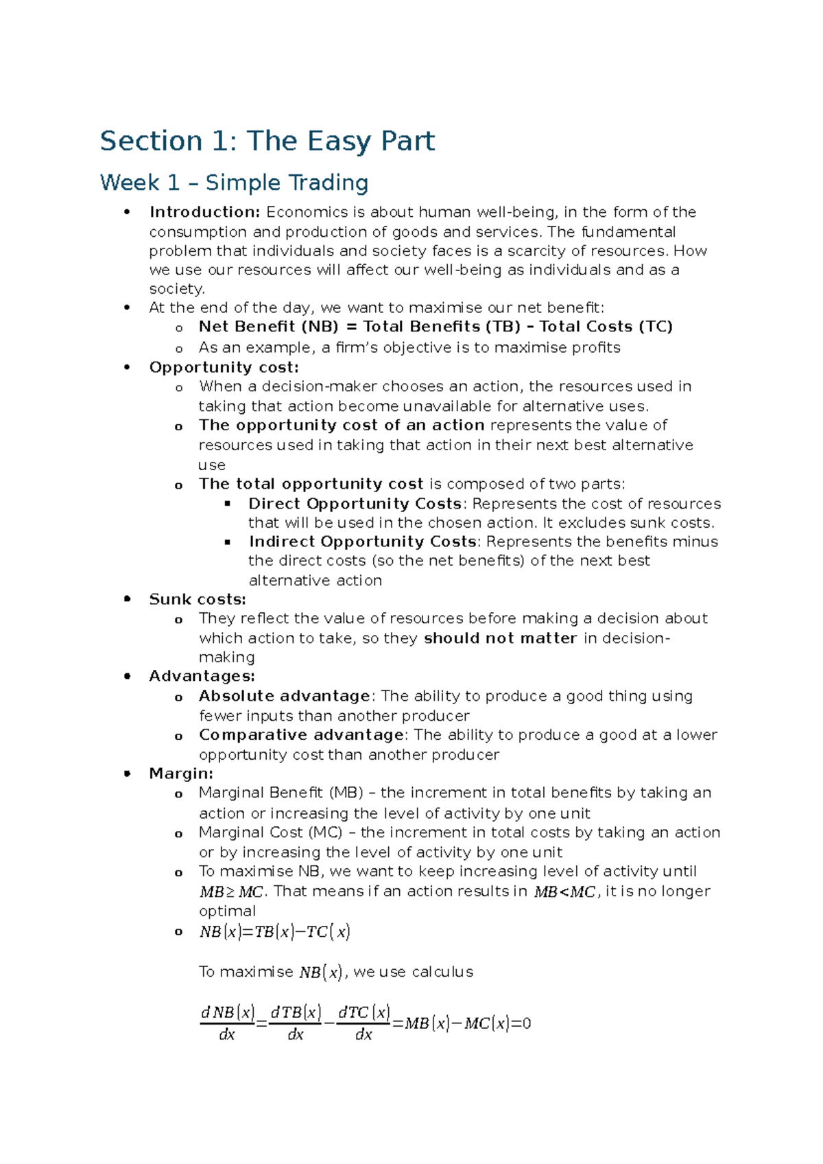 Notes Summary Introductory Microeconomics Section 1 The Easy Part