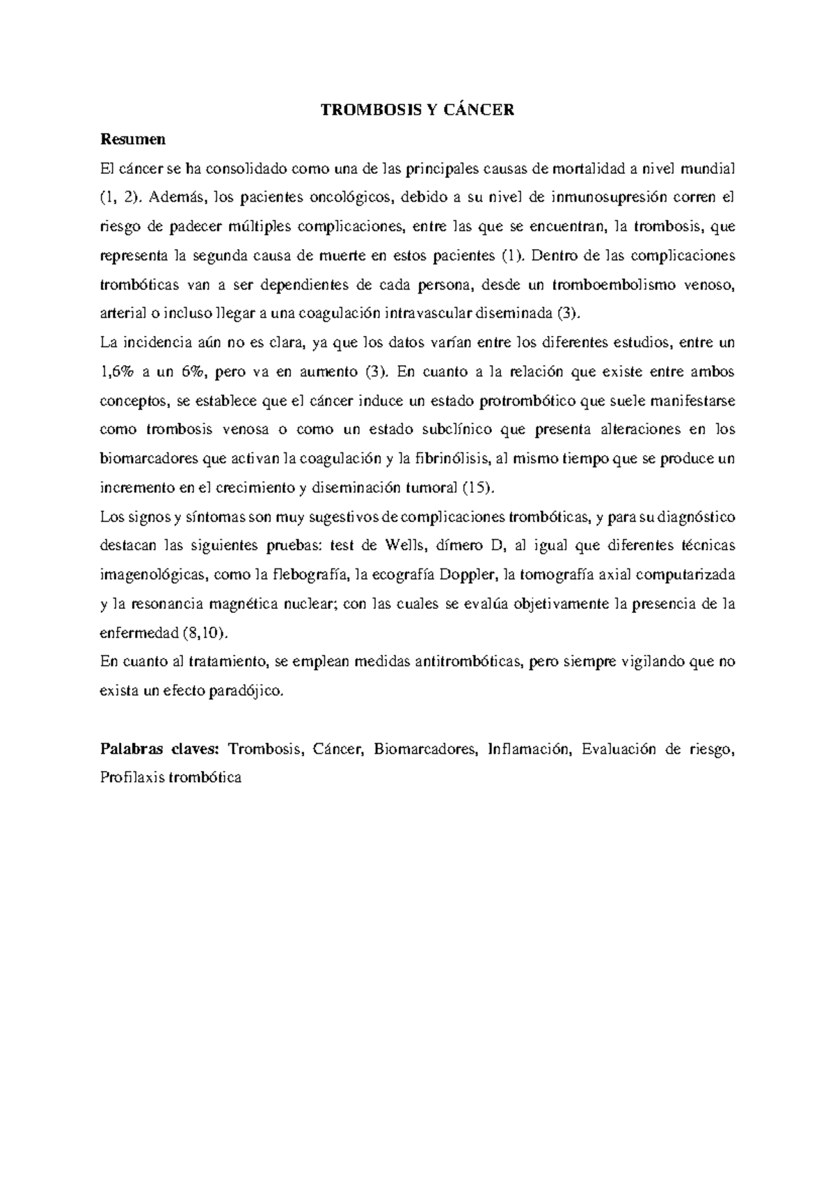 Trombosis Y Cancer - TROMBOSIS Y CÁNCER Resumen El cáncer se ha ...