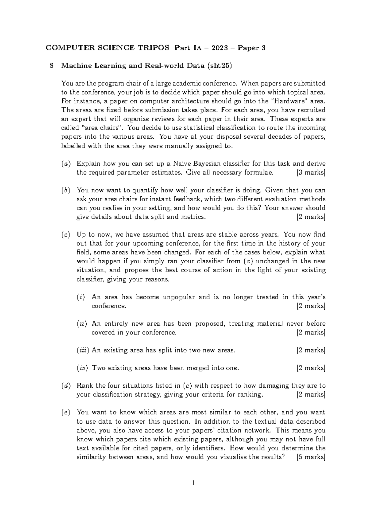 Y2023p3q8 - Exam questions - 8 COMPUTER SCIENCE TRIPOS Part IA – 2023 – Paper 3 Machine Learning ...