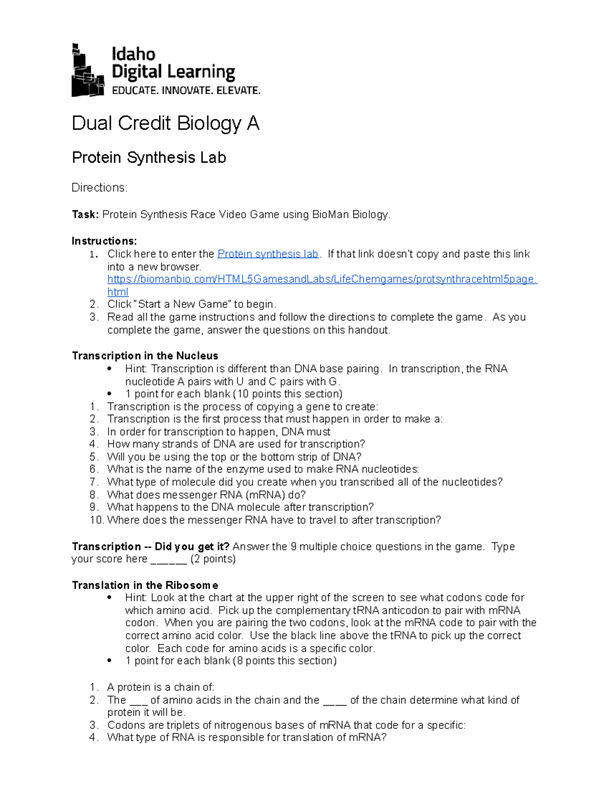 Protein Synthesis Lab - Worksheet - Dual Credit Biology A Protein ...