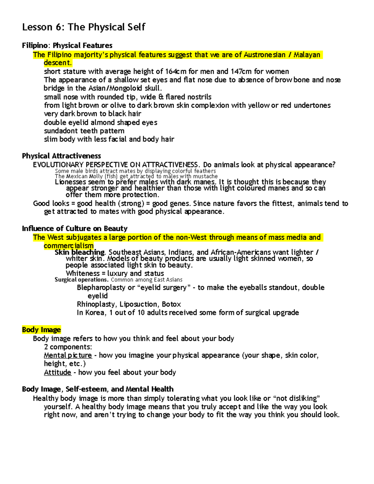 Finals UTS 1 - Understanding the self summary 1 - Lesson 6: The Physical Self Filipino: Physical ...