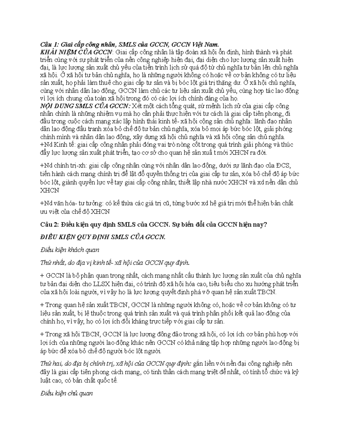 CNKH-cuối-năm 2 - vvvvvvv - Câu 1: Giai cấp công nhân, SMLS của GCCN ...