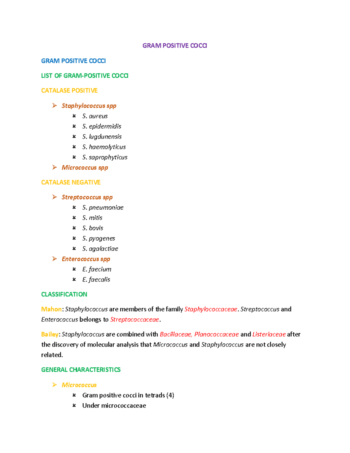 CLINICAL BACTERIOLOGY - GRAM POSITIVE COCCI GRAM POSITIVE COCCI LIST OF ...