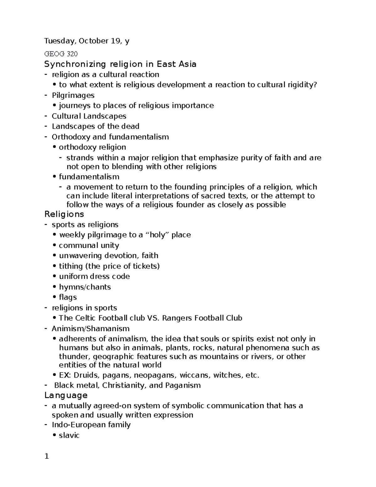 GEOG 320 notes - Tuesday, October 19, y GEOG 320 Synchronizing religion ...
