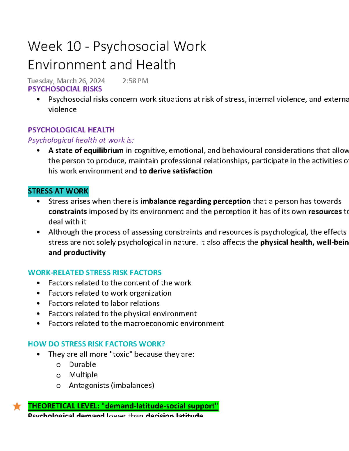 Week 10 - Psychosocial Work Environment and Health - PSYCHOSOCIAL RISKS ...