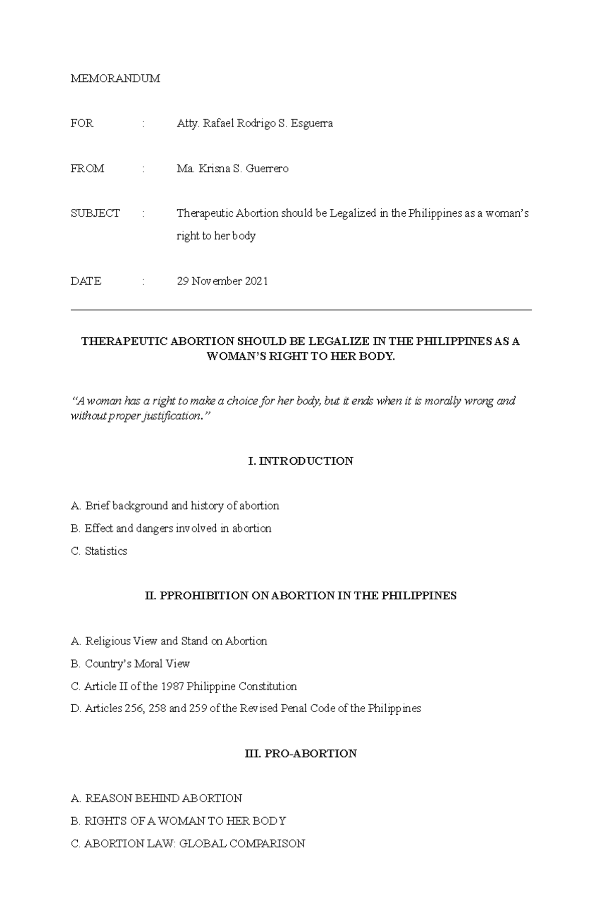 Outline for Pro Abortion Research Paper - MEMORANDUM FOR : Atty. Rafael ...