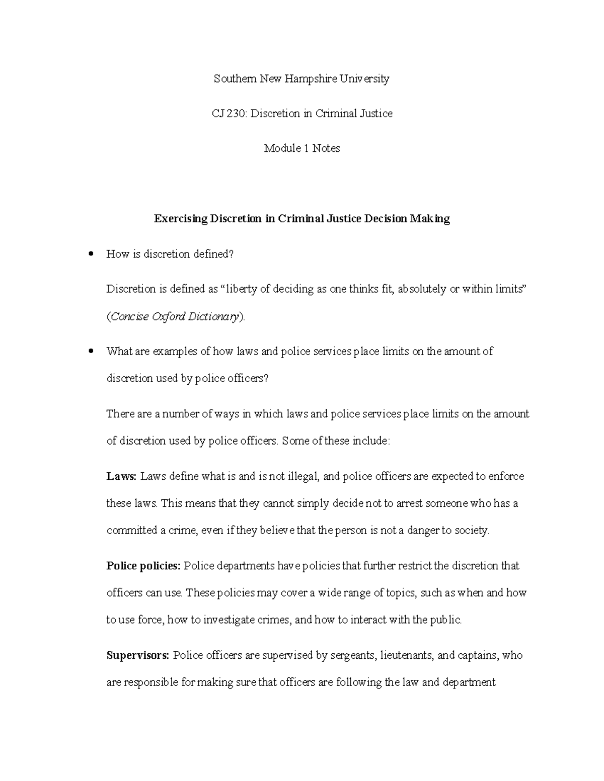 CJ 230 Module 1 Notes - Southern New Hampshire University CJ 230 ...
