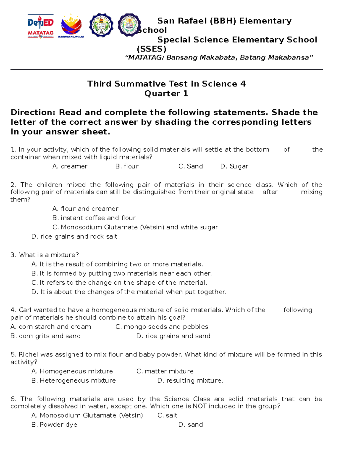 Q1-QUIZ3 - summative test for elementary - San Rafael (BBH) Elementary ...