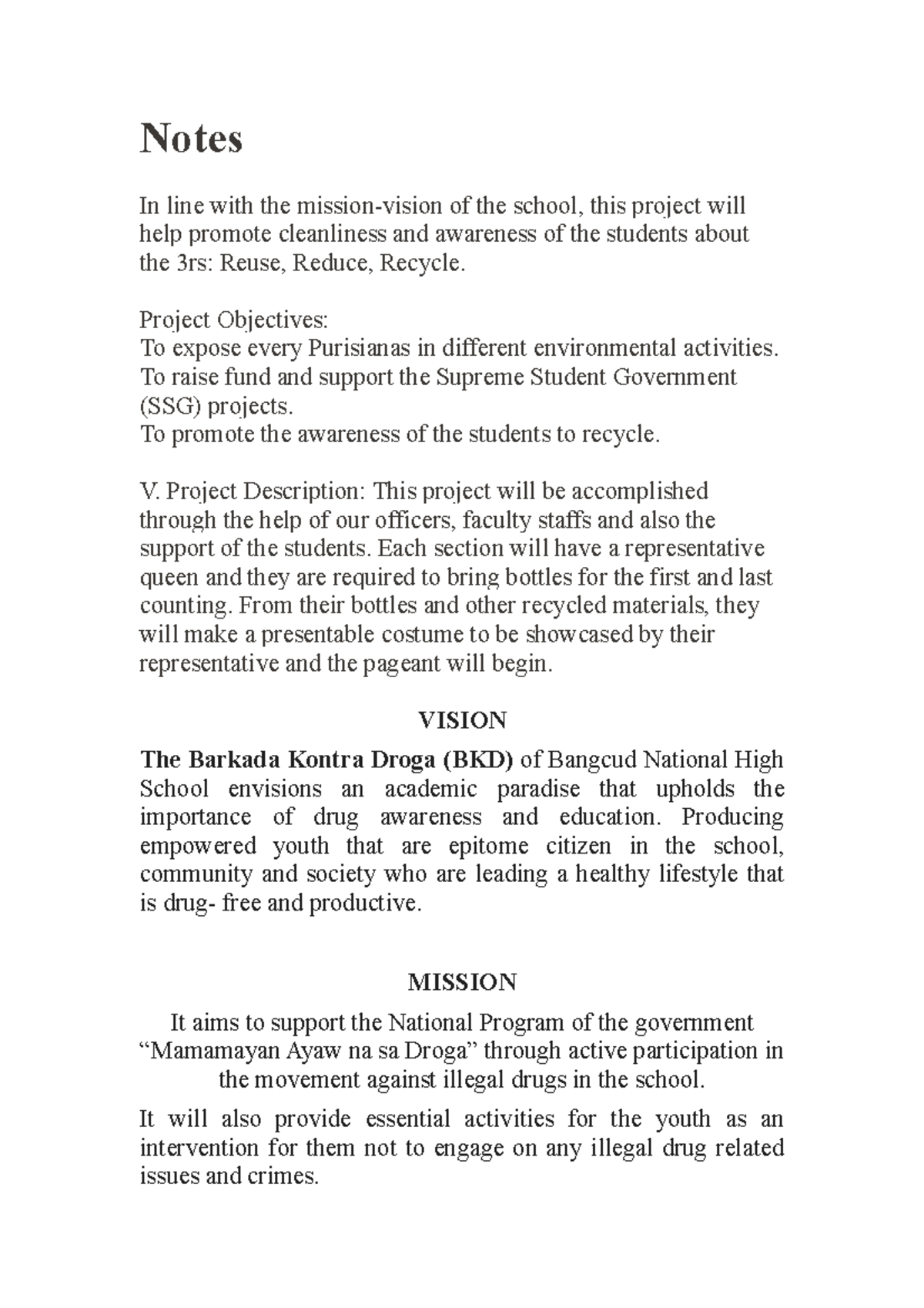 Notes - Notes In line with the mission-vision of the school, this ...