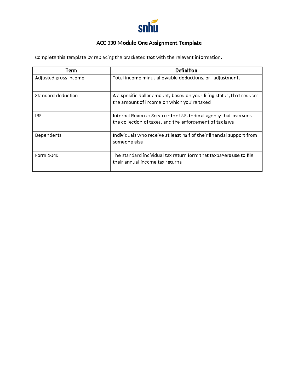 ACC 330 Module One Assignment - Term Definition Adjusted gross income ...