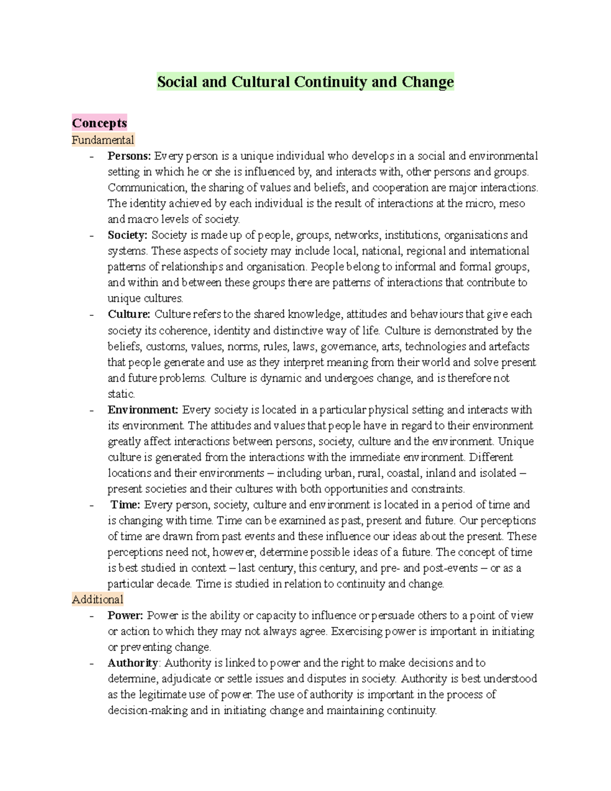 Continuity and change - notes - Social and Cultural Continuity and ...