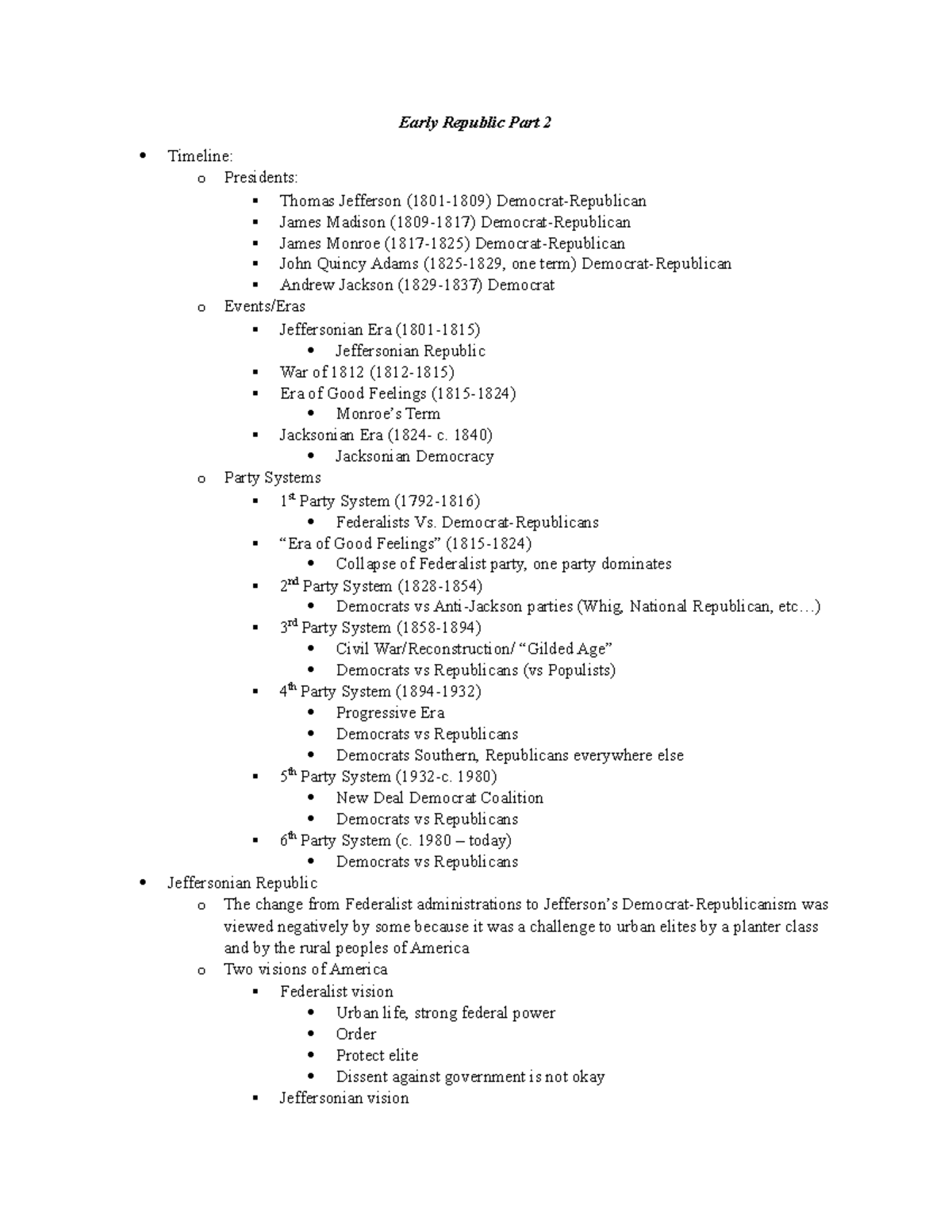 Class 15: Early Republic Pt 2 - Early Republic Part 2 Timeline: o ...